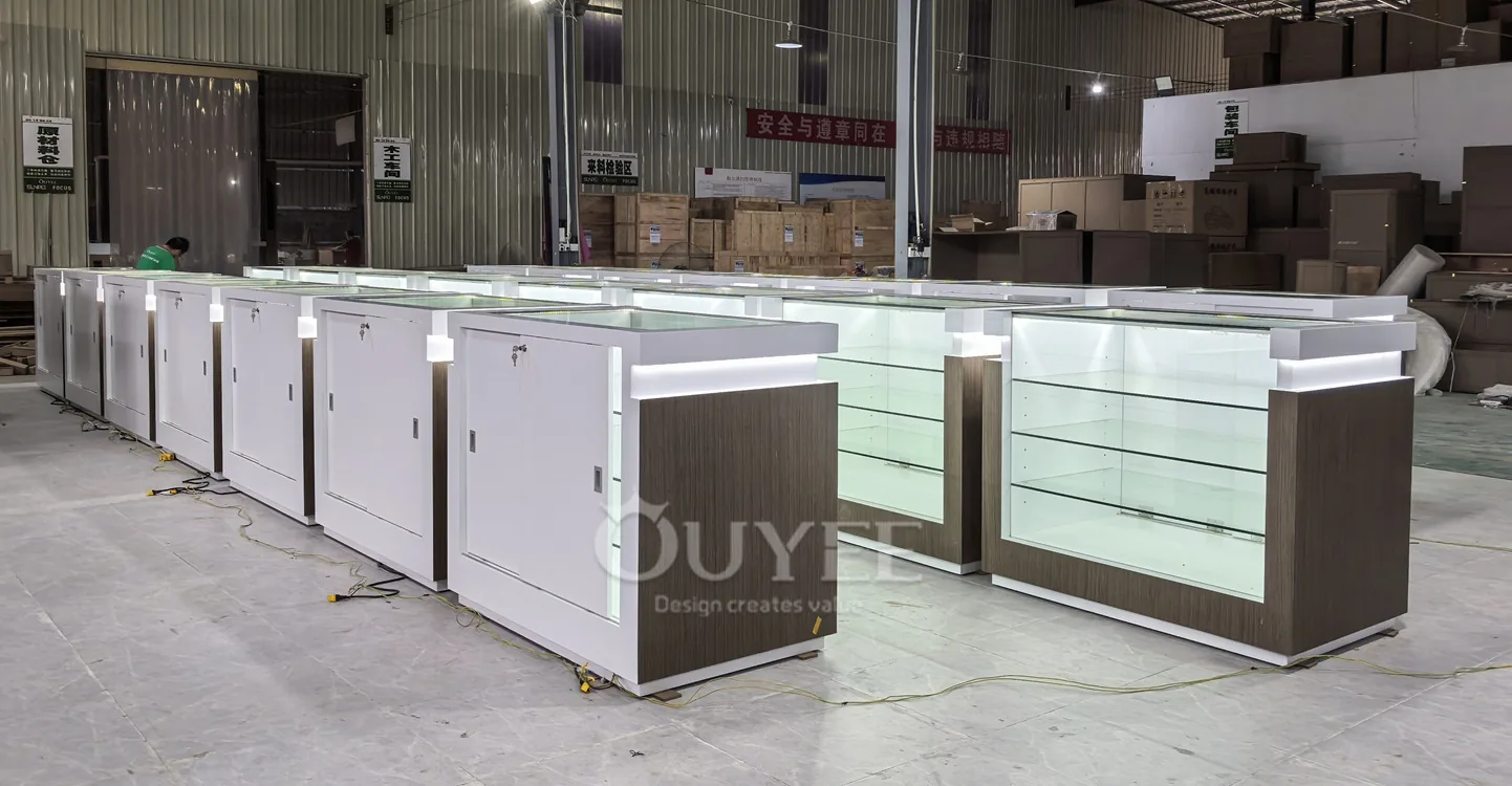 Wood Grain Freestanding Glass Showcase with Open Shelves