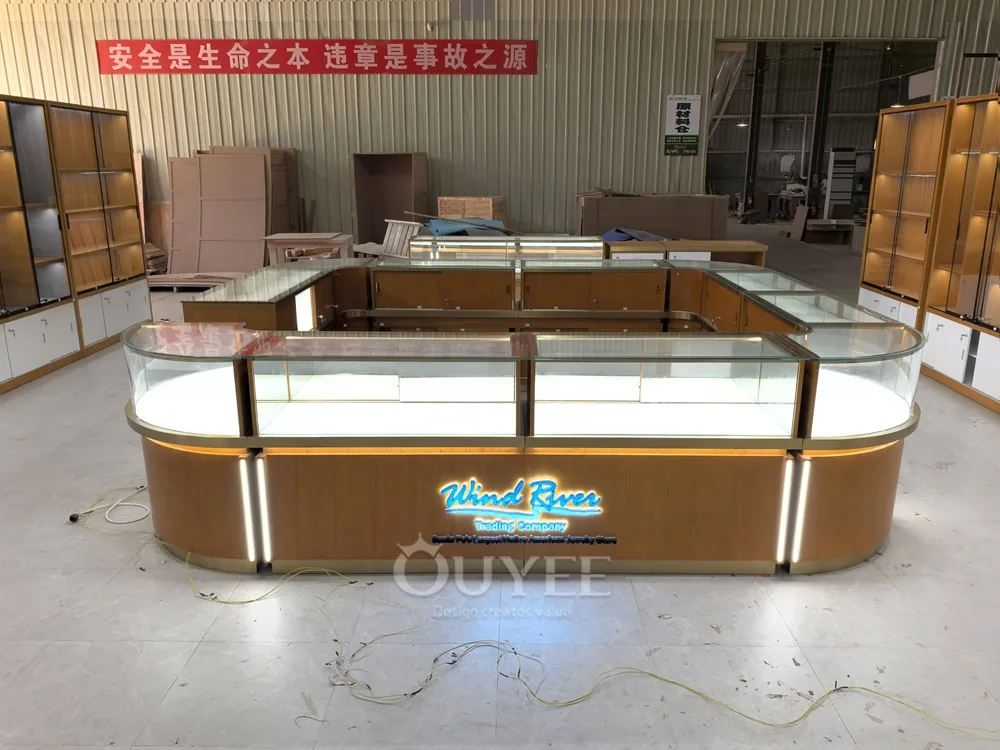 Wood Grain Square Glass Showcase Island with Rounded Corners