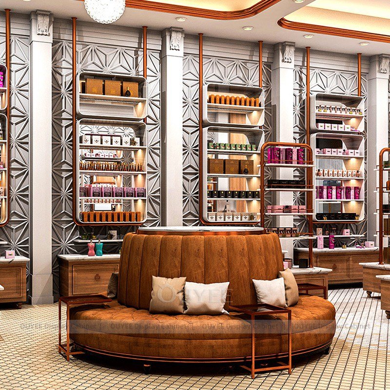 Luxury Perfume Display System | Art Deco Wall Shelving & Seating